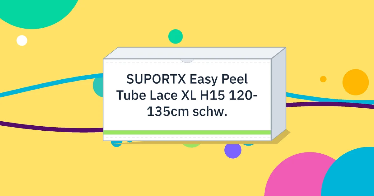 Symbolbild: Packung mit der Aufschrift SUPORTX Easy Peel Tube Lace XL H15 120-135cm schw. (PZN 09486978) – Verfügbarkeit und Bezug in Apotheken in Frankfurt am Main