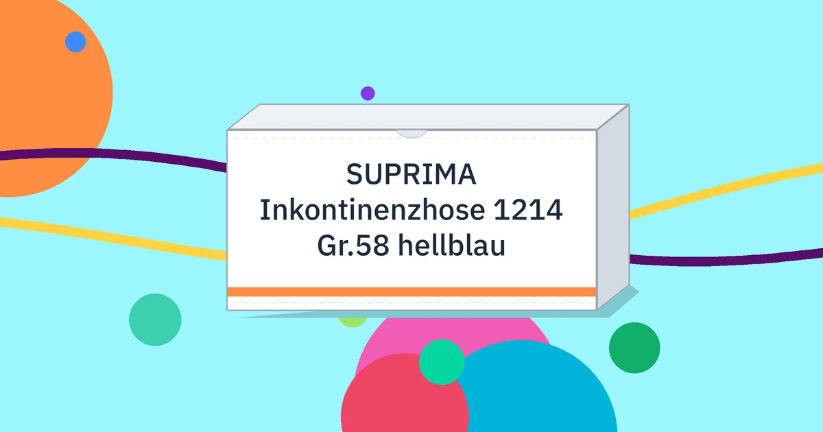 Symbolbild: Packung mit der Aufschrift SUPRIMA Inkontinenzhose 1214 Gr.58 hellblau (PZN 03027554) – Verfügbarkeit und Bezug in Apotheken in Frankfurt am Main