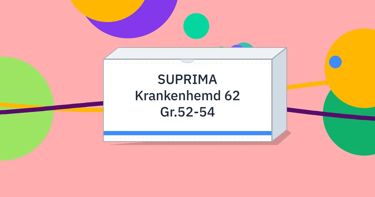Symbolbild: Packung mit der Aufschrift SUPRIMA Krankenhemd 62 Gr.52-54 (PZN 07671387) – Verfügbarkeit und Bezug in Apotheken in Frankfurt am Main