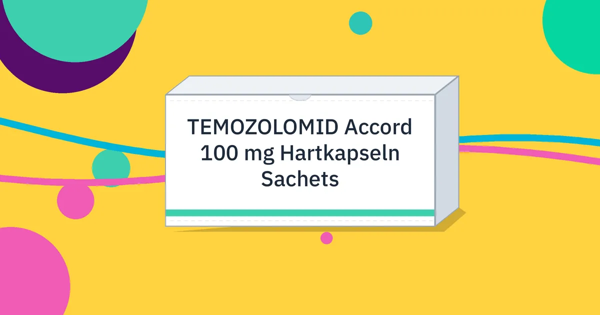 Symbolbild: Packung mit der Aufschrift TEMOZOLOMID Accord 100 mg Hartkapseln Sachets (PZN 11291271) – Verfügbarkeit und Bezug in Apotheken in Frankfurt am Main