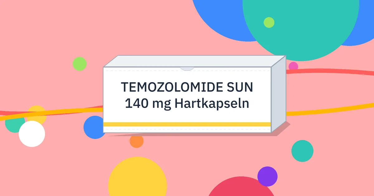Symbolbild: Packung mit der Aufschrift TEMOZOLOMIDE SUN 140 mg Hartkapseln (PZN 17527208) – Verfügbarkeit und Bezug in Apotheken in Frankfurt am Main