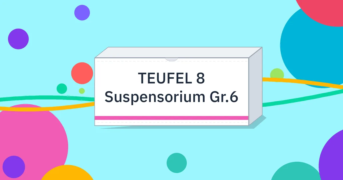 Symbolbild: Packung mit der Aufschrift TEUFEL 8 Suspensorium Gr.6 (PZN 02299368) – Verfügbarkeit und Bezug in Apotheken in Frankfurt am Main
