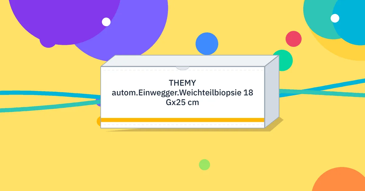 Symbolbild: Packung mit der Aufschrift THEMY autom.Einwegger.Weichteilbiopsie 18 Gx25 cm (PZN 19737482) – Verfügbarkeit und Bezug in Apotheken in Frankfurt am Main