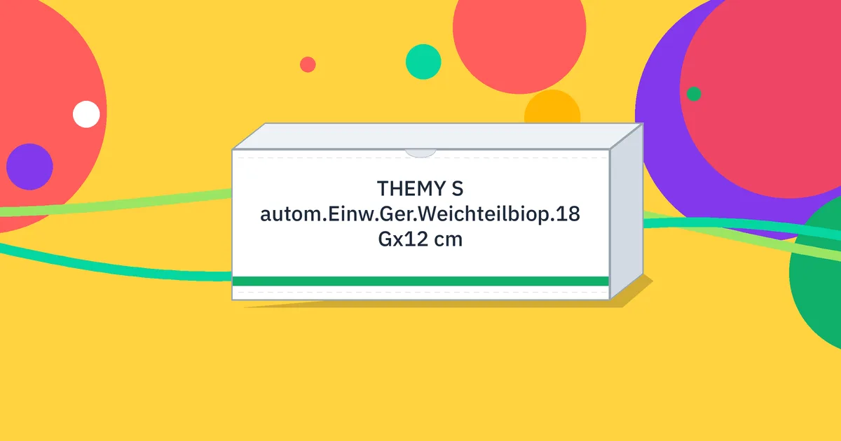 Symbolbild: Packung mit der Aufschrift THEMY S autom.Einw.Ger.Weichteilbiop.18 Gx12 cm (PZN 19738375) – Verfügbarkeit und Bezug in Apotheken in Frankfurt am Main