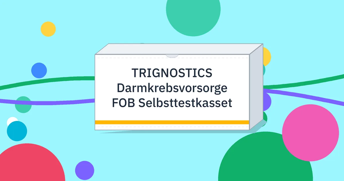 Symbolbild: Packung mit der Aufschrift TRIGNOSTICS Darmkrebsvorsorge FOB Selbsttestkasset (PZN 19637533) – Verfügbarkeit und Bezug in Apotheken in Frankfurt am Main