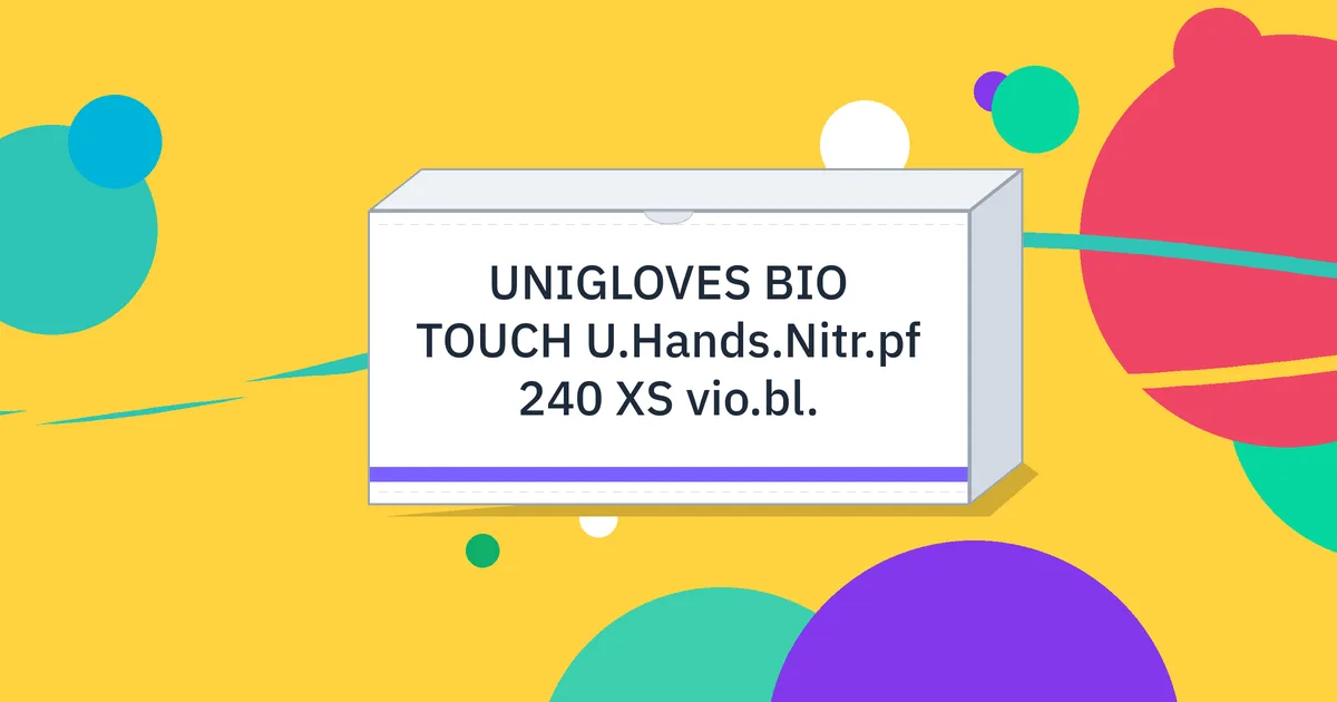Symbolbild: Packung mit der Aufschrift UNIGLOVES BIO TOUCH U.Hands.Nitr.pf 240 XS vio.bl. (PZN 19638550) – Verfügbarkeit und Bezug in Apotheken in Frankfurt am Main