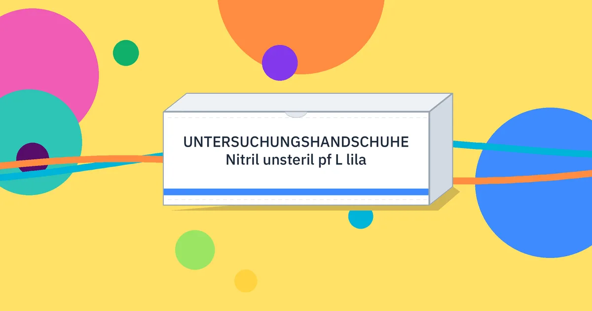 Symbolbild: Packung mit der Aufschrift UNTERSUCHUNGSHANDSCHUHE Nitril unsteril pf L lila (PZN 14400022) – Verfügbarkeit und Bezug in Apotheken in Frankfurt am Main