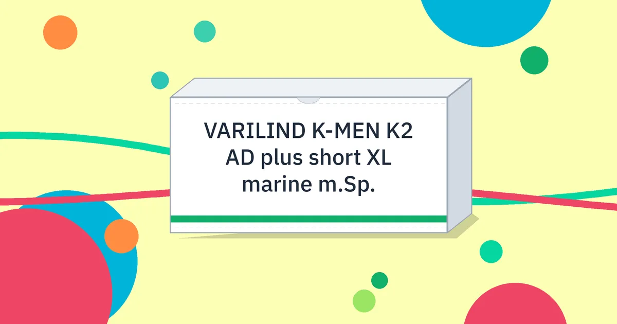 Symbolbild: Packung mit der Aufschrift VARILIND K-MEN K2 AD plus short XL marine m.Sp. (PZN 20569446) – Verfügbarkeit und Bezug in Apotheken in Frankfurt am Main