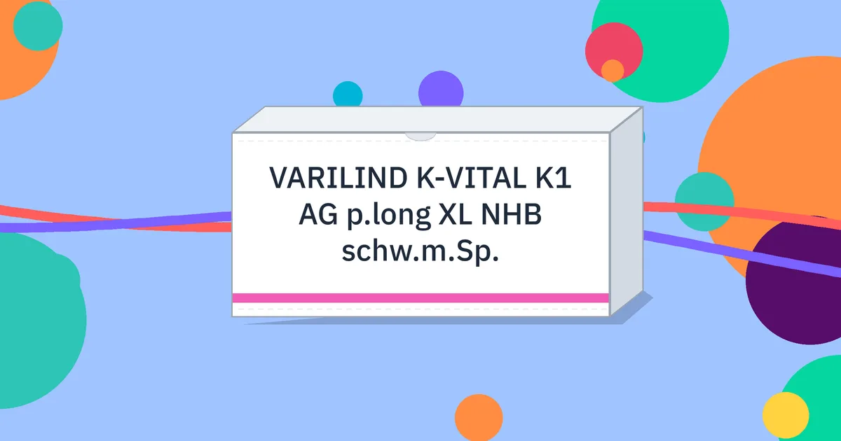 Symbolbild: Packung mit der Aufschrift VARILIND K-VITAL K1 AG p.long XL NHB schw.m.Sp. (PZN 20563596) – Verfügbarkeit und Bezug in Apotheken in Frankfurt am Main