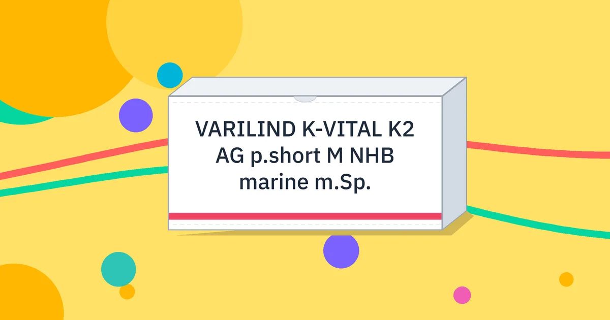 Symbolbild: Packung mit der Aufschrift VARILIND K-VITAL K2 AG p.short M NHB marine m.Sp. (PZN 20564727) – Verfügbarkeit und Bezug in Apotheken in Frankfurt am Main