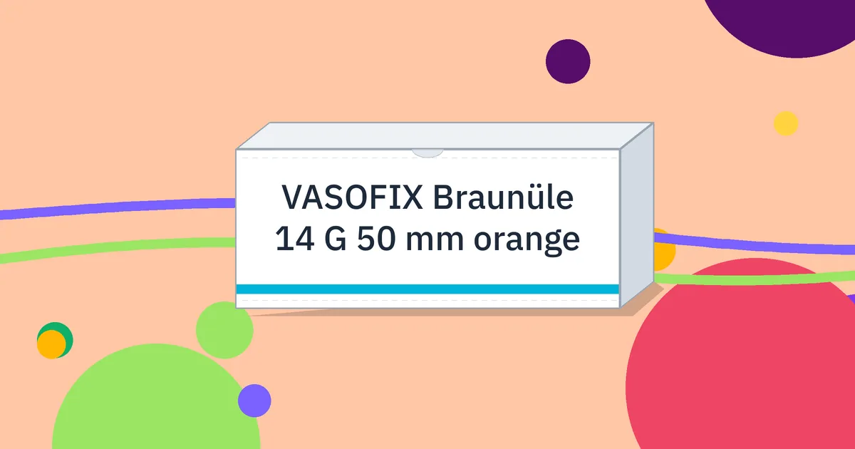 Symbolbild: Packung mit der Aufschrift VASOFIX Braunüle 14 G 50 mm orange (PZN 02758853) – Verfügbarkeit und Bezug in Apotheken in Frankfurt am Main