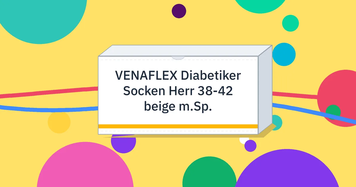 Symbolbild: Packung mit der Aufschrift VENAFLEX Diabetiker Socken Herr 38-42 beige m.Sp. (PZN 18309301) – Verfügbarkeit und Bezug in Apotheken in Frankfurt am Main
