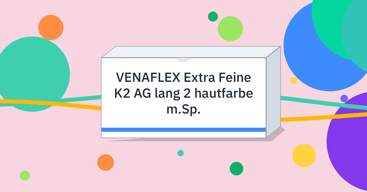 Symbolbild: Packung mit der Aufschrift VENAFLEX Extra Feine K2 AG lang 2 hautfarbe m.Sp. (PZN 18307673) – Verfügbarkeit und Bezug in Apotheken in Frankfurt am Main