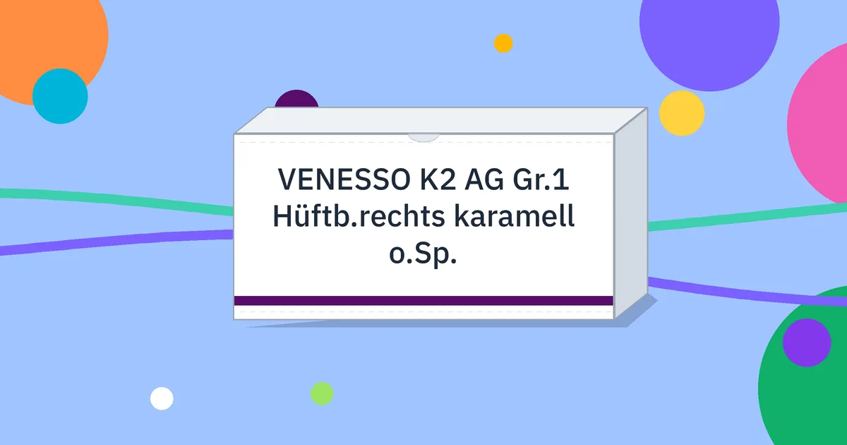 Symbolbild: Packung mit der Aufschrift VENESSO K2 AG Gr.1 Hüftb.rechts karamell o.Sp. (PZN 13761663) – Verfügbarkeit und Bezug in Apotheken in Frankfurt am Main