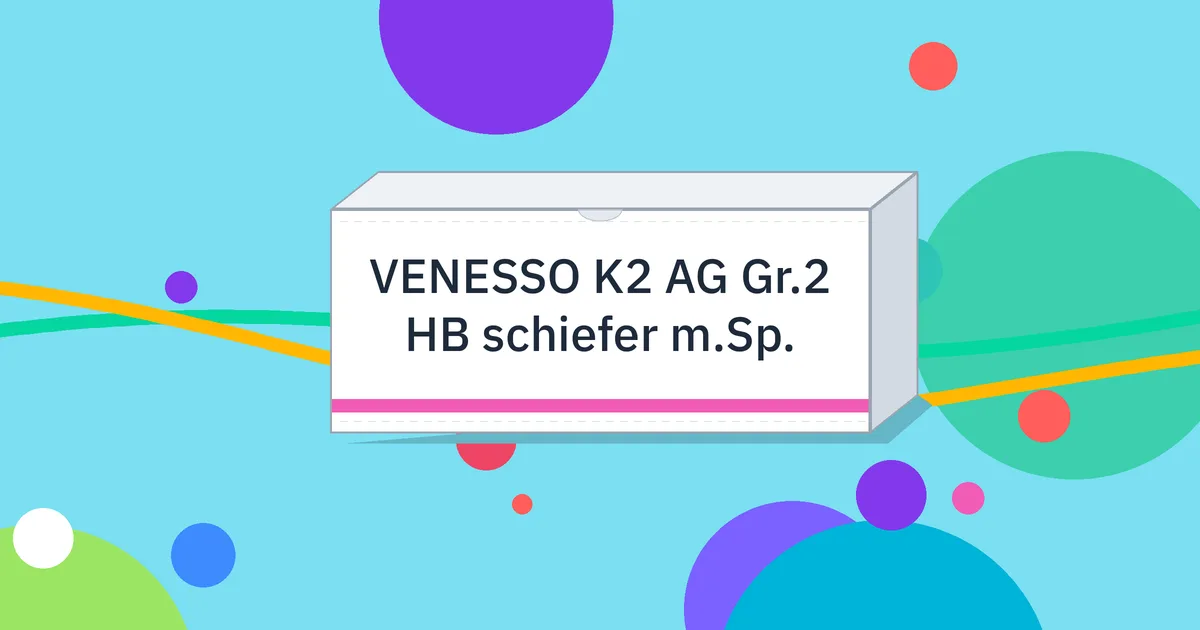 Symbolbild: Packung mit der Aufschrift VENESSO K2 AG Gr.2 HB schiefer m.Sp. (PZN 03263763) – Verfügbarkeit und Bezug in Apotheken in Frankfurt am Main