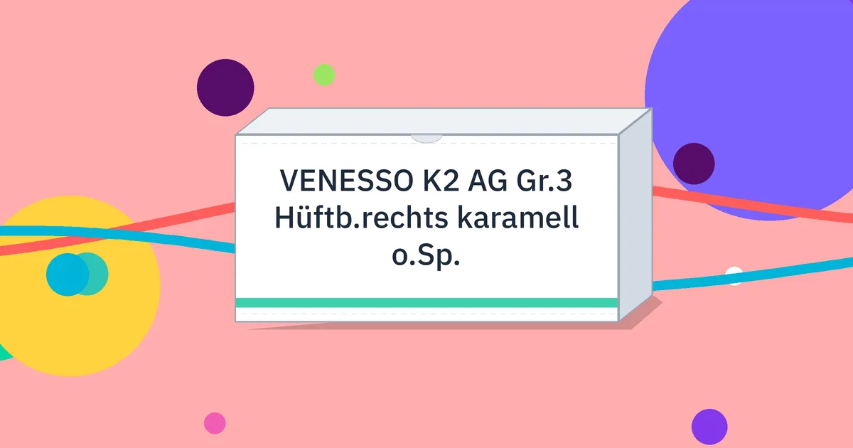 Symbolbild: Packung mit der Aufschrift VENESSO K2 AG Gr.3 Hüftb.rechts karamell o.Sp. (PZN 13761692) – Verfügbarkeit und Bezug in Apotheken in Frankfurt am Main