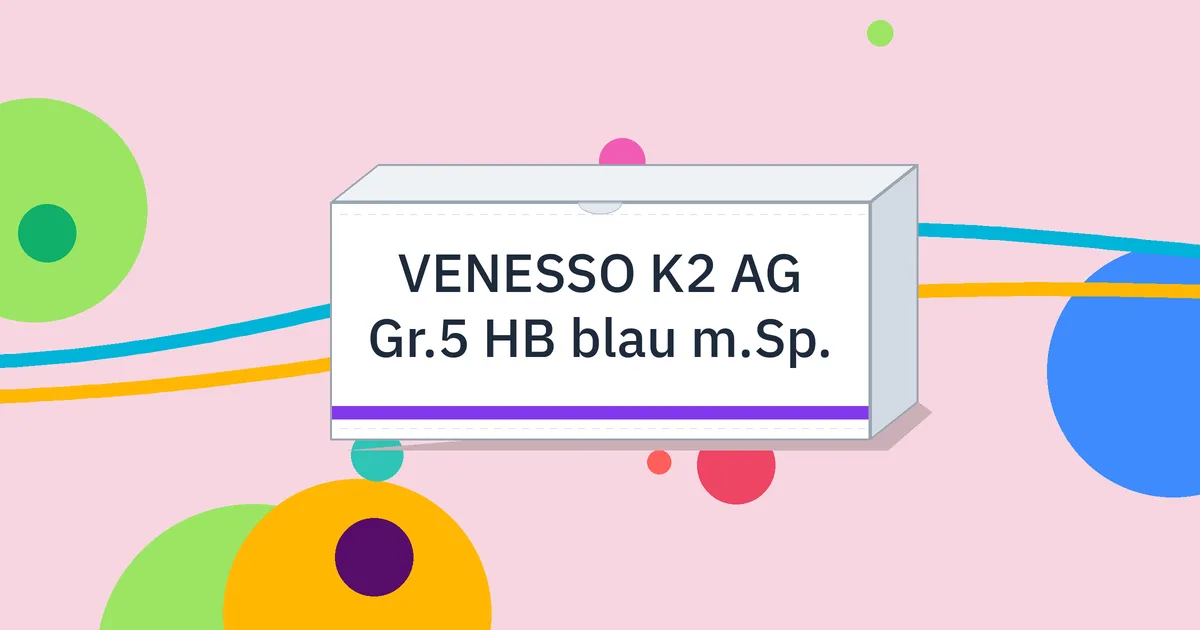 Symbolbild: Packung mit der Aufschrift VENESSO K2 AG Gr.5 HB blau m.Sp. (PZN 03264538) – Verfügbarkeit und Bezug in Apotheken in Frankfurt am Main