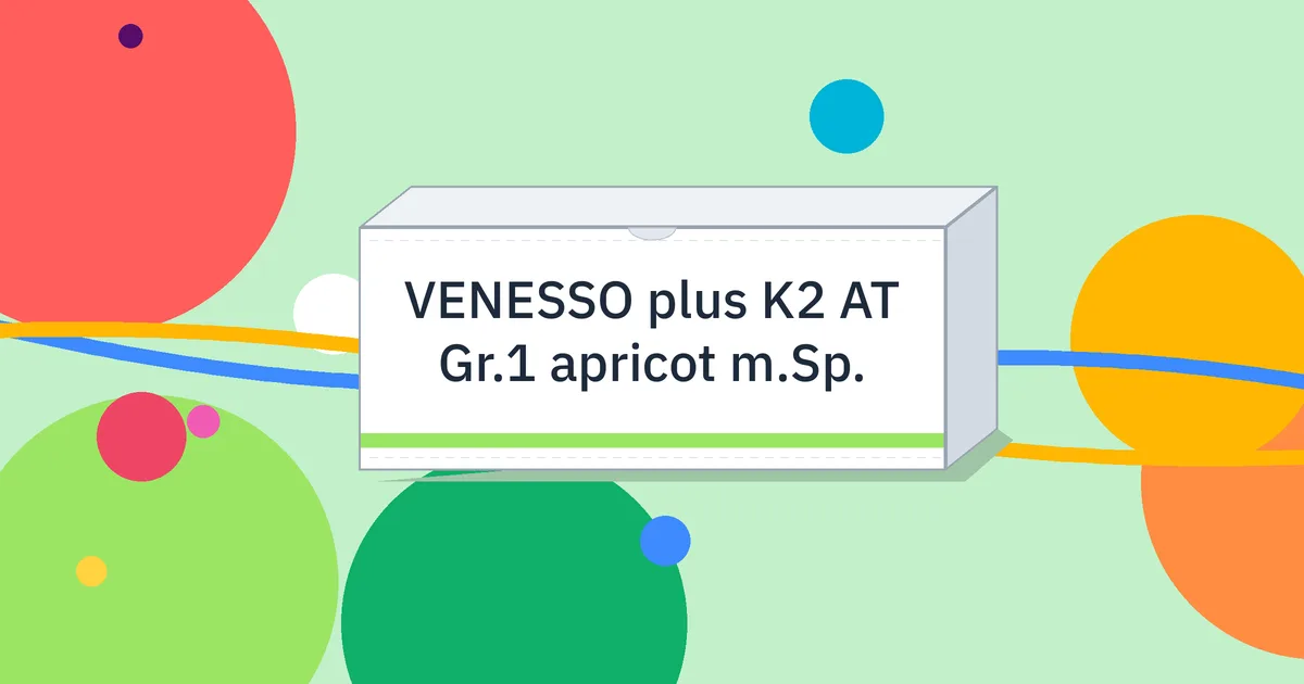 Symbolbild: Packung mit der Aufschrift VENESSO plus K2 AT Gr.1 apricot m.Sp. (PZN 03285954) – Verfügbarkeit und Bezug in Apotheken in Frankfurt am Main