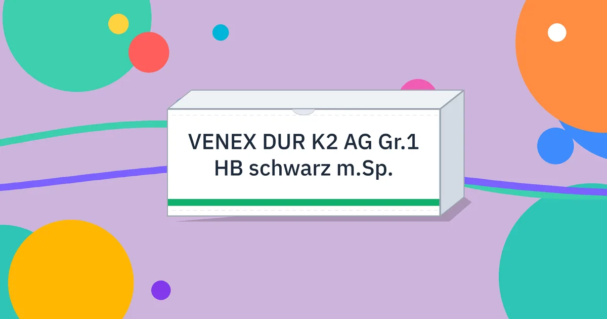 Symbolbild: Packung mit der Aufschrift VENEX DUR K2 AG Gr.1 HB schwarz m.Sp. (PZN 03219006) – Verfügbarkeit und Bezug in Apotheken in Frankfurt am Main