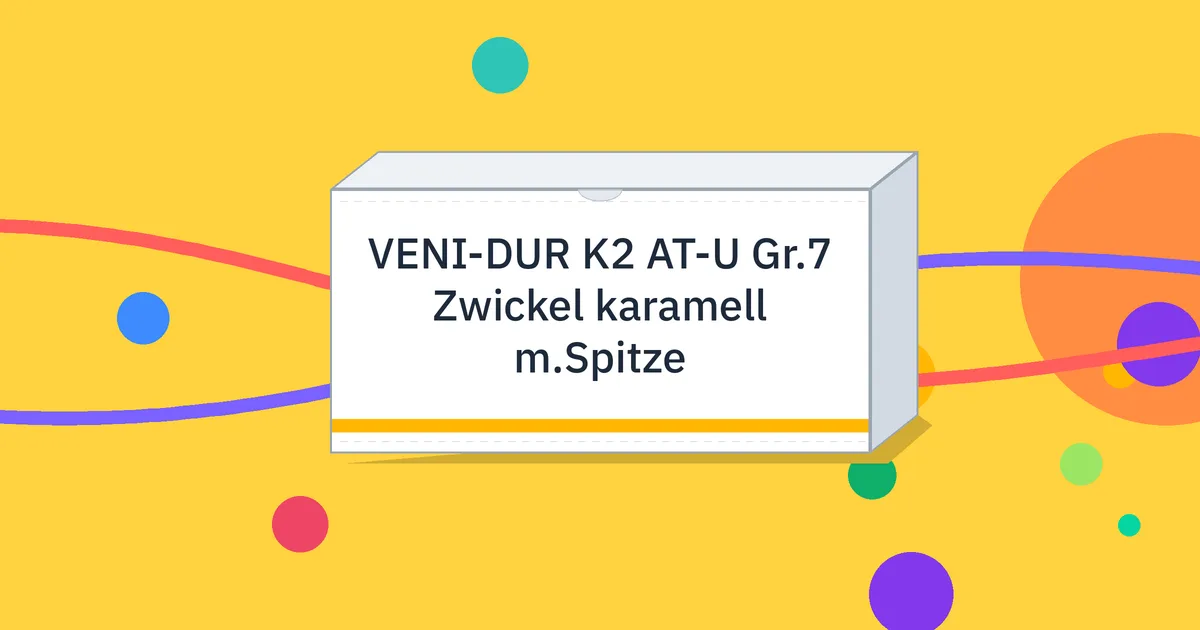 Symbolbild: Packung mit der Aufschrift VENI-DUR K2 AT-U Gr.7 Zwickel karamell m.Spitze (PZN 13758968) – Verfügbarkeit und Bezug in Apotheken in Frankfurt am Main
