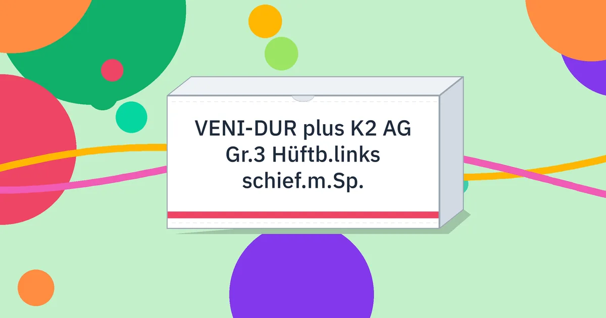 Symbolbild: Packung mit der Aufschrift VENI-DUR plus K2 AG Gr.3 Hüftb.links schief.m.Sp. (PZN 03256668) – Verfügbarkeit und Bezug in Apotheken in Frankfurt am Main