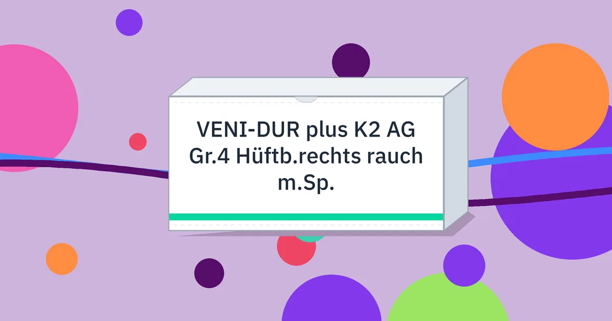 Symbolbild: Packung mit der Aufschrift VENI-DUR plus K2 AG Gr.4 Hüftb.rechts rauch m.Sp. (PZN 03255456) – Verfügbarkeit und Bezug in Apotheken in Frankfurt am Main