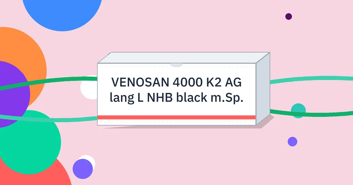 Symbolbild: Packung mit der Aufschrift VENOSAN 4000 K2 AG lang L NHB black m.Sp. (PZN 14427819) – Verfügbarkeit und Bezug in Apotheken in Frankfurt am Main