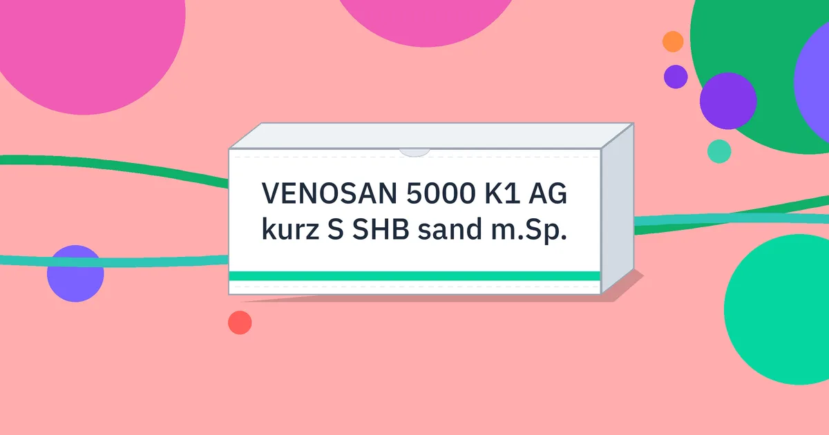 Symbolbild: Packung mit der Aufschrift VENOSAN 5000 K1 AG kurz S SHB sand m.Sp. (PZN 14428380) – Verfügbarkeit und Bezug in Apotheken in Frankfurt am Main