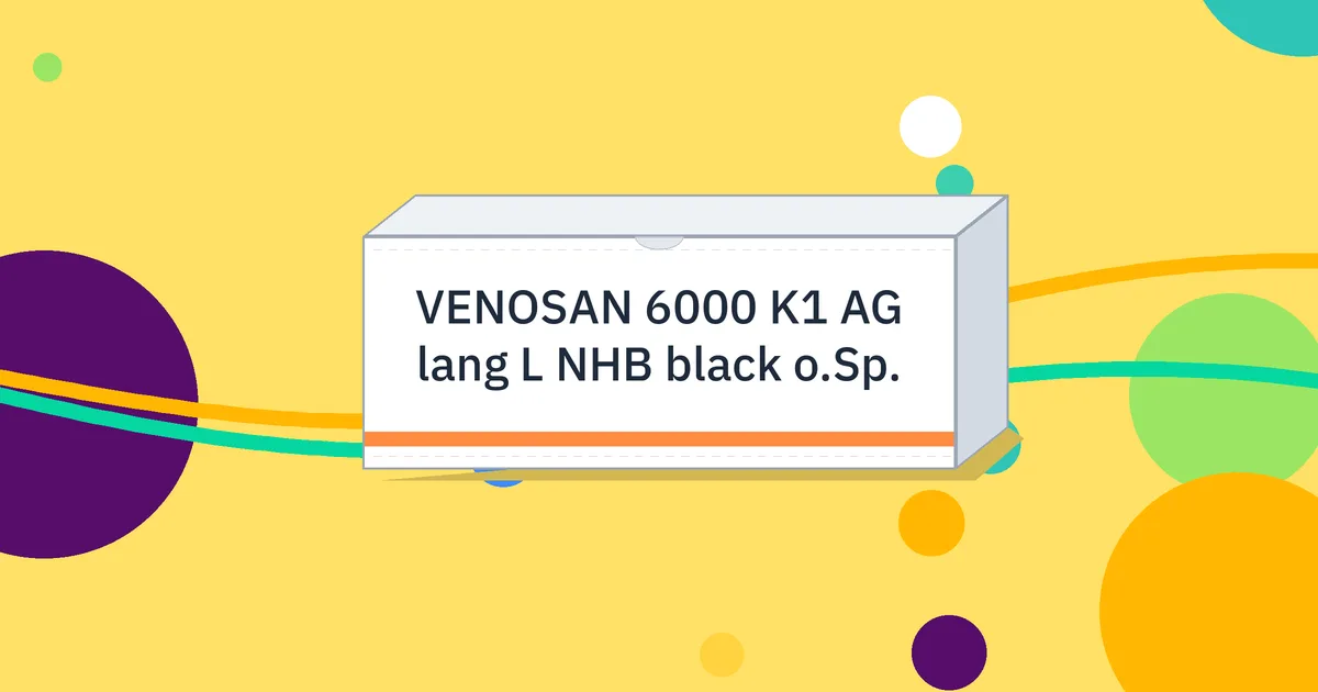 Symbolbild: Packung mit der Aufschrift VENOSAN 6000 K1 AG lang L NHB black o.Sp. (PZN 17171697) – Verfügbarkeit und Bezug in Apotheken in Frankfurt am Main