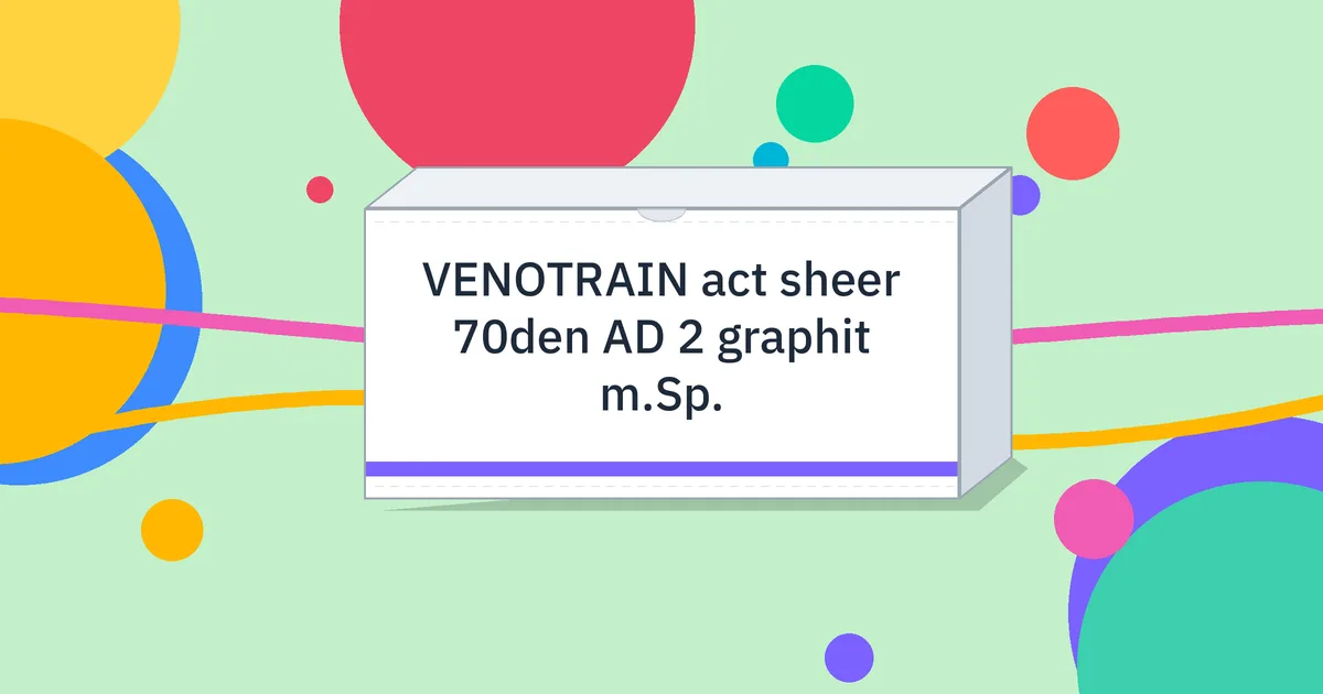 Symbolbild: Packung mit der Aufschrift VENOTRAIN act sheer 70den AD 2 graphit m.Sp. (PZN 16208808) – Verfügbarkeit und Bezug in Apotheken in Frankfurt am Main