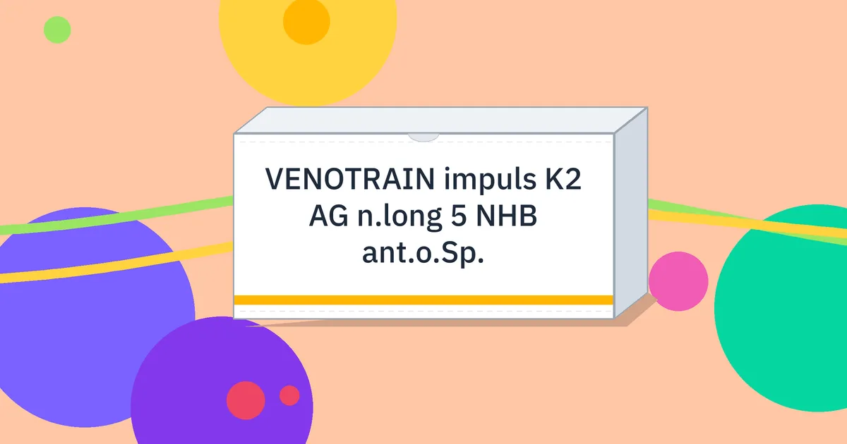 Symbolbild: Packung mit der Aufschrift VENOTRAIN impuls K2 AG n.long 5 NHB ant.o.Sp. (PZN 15215019) – Verfügbarkeit und Bezug in Apotheken in Frankfurt am Main