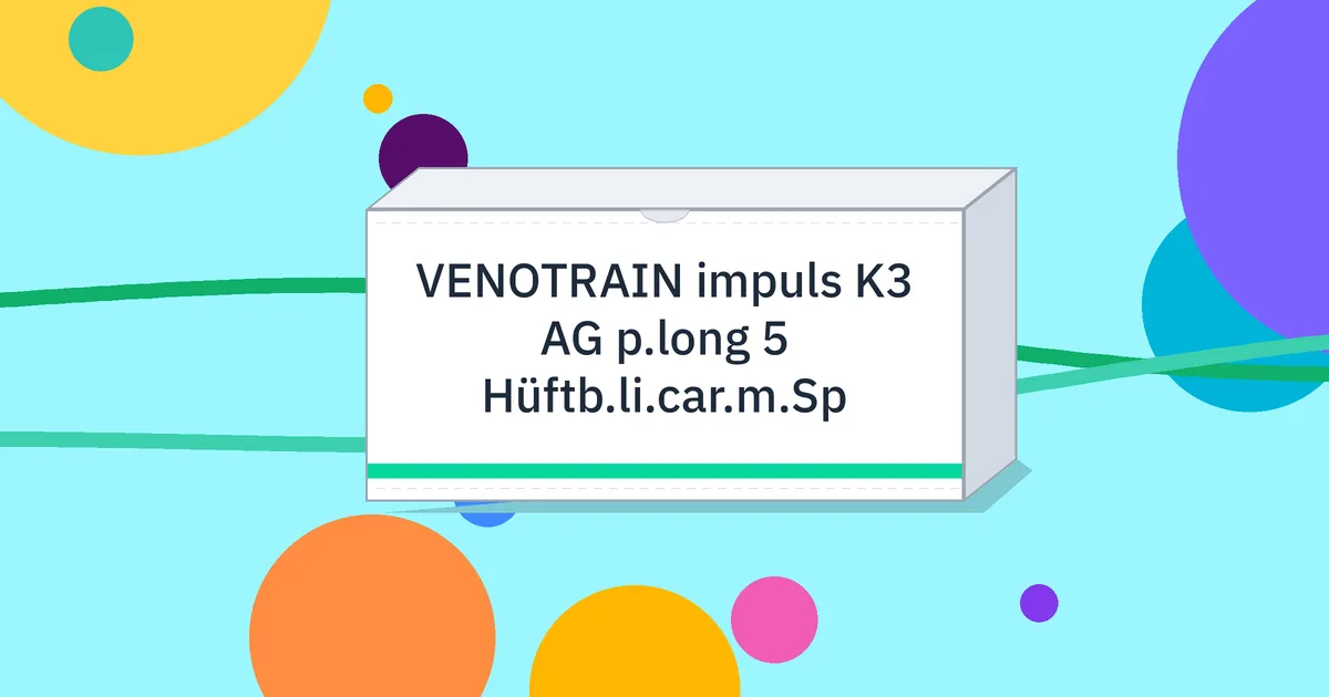Symbolbild: Packung mit der Aufschrift VENOTRAIN impuls K3 AG p.long 5 Hüftb.li.car.m.Sp (PZN 10295539) – Verfügbarkeit und Bezug in Apotheken in Frankfurt am Main