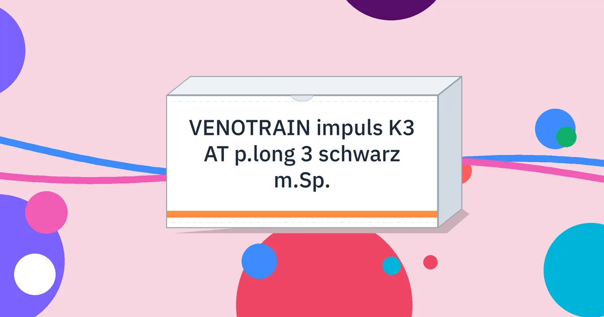 Symbolbild: Packung mit der Aufschrift VENOTRAIN impuls K3 AT p.long 3 schwarz m.Sp. (PZN 19356320) – Verfügbarkeit und Bezug in Apotheken in Frankfurt am Main