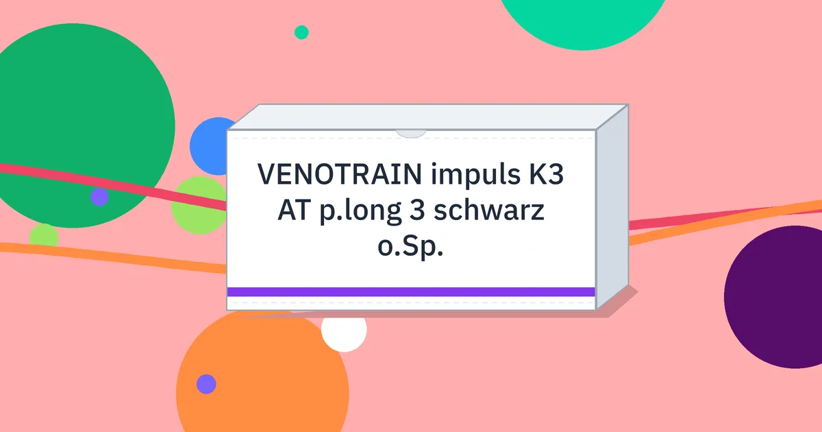 Symbolbild: Packung mit der Aufschrift VENOTRAIN impuls K3 AT p.long 3 schwarz o.Sp. (PZN 19386634) – Verfügbarkeit und Bezug in Apotheken in Frankfurt am Main