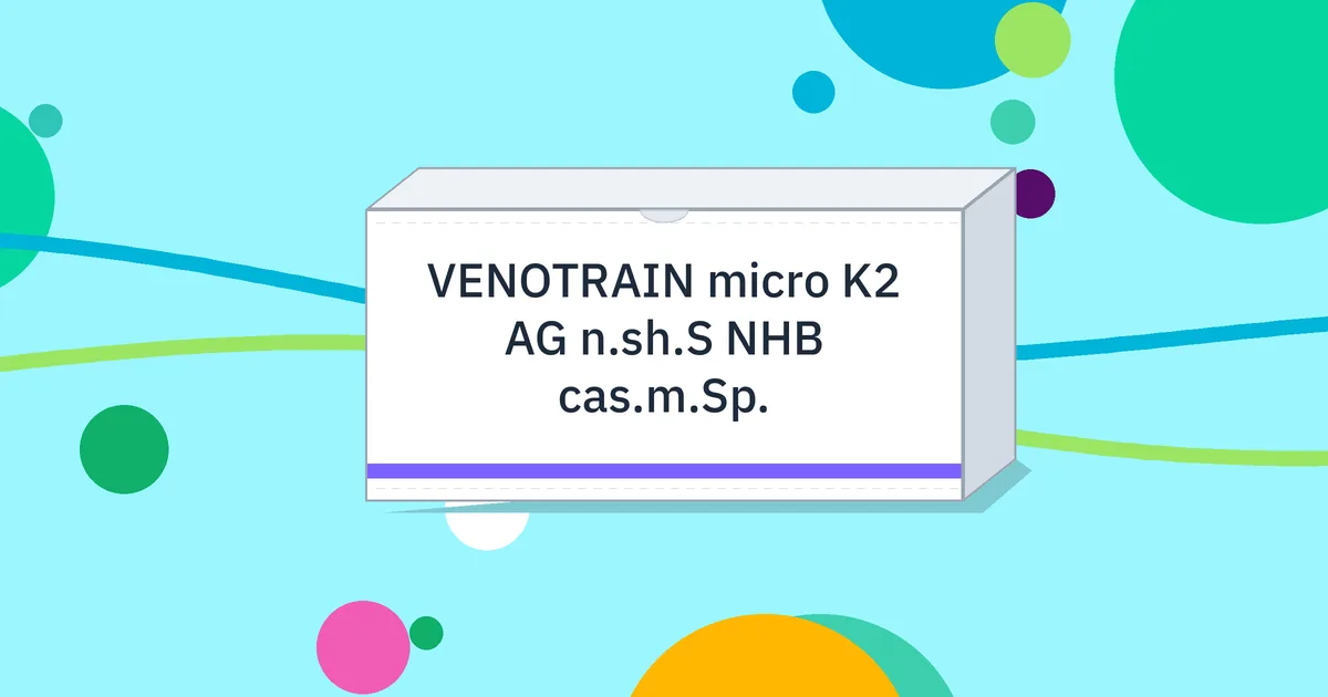 Symbolbild: Packung mit der Aufschrift VENOTRAIN micro K2 AG n.sh.S NHB cas.m.Sp. (PZN 20760782) – Verfügbarkeit und Bezug in Apotheken in Frankfurt am Main