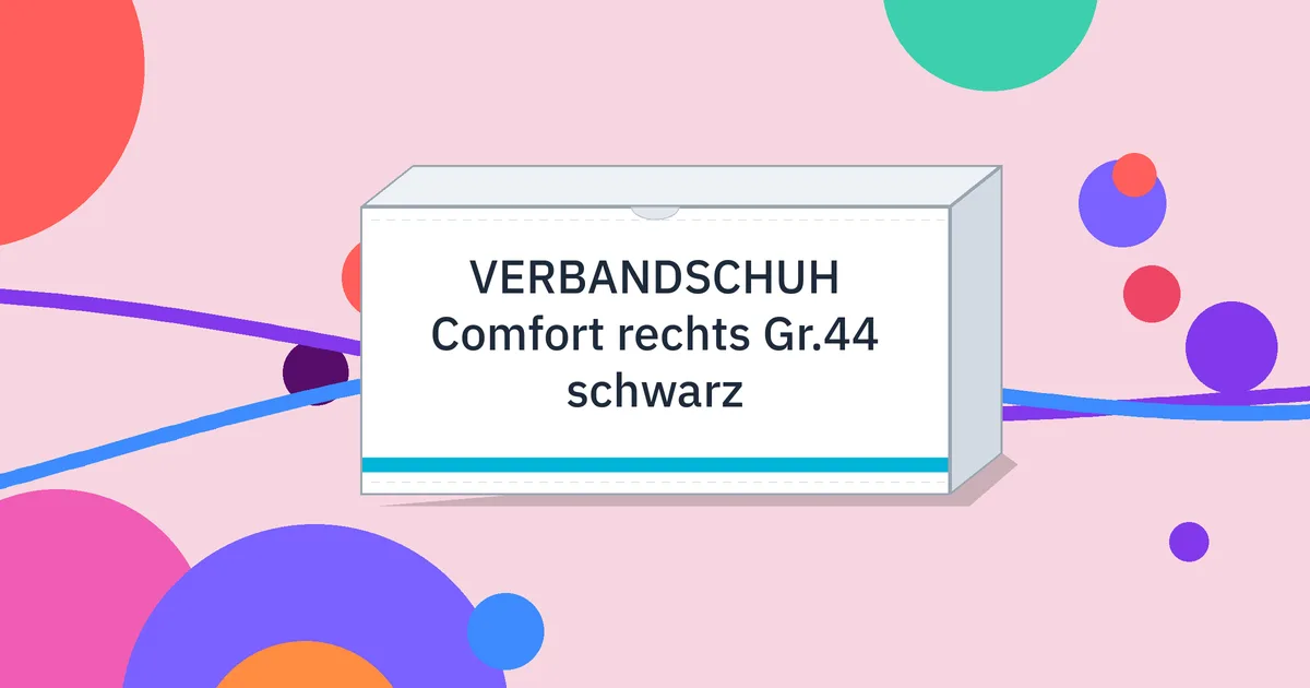 Symbolbild: Packung mit der Aufschrift VERBANDSCHUH Comfort rechts Gr.44 schwarz (PZN 11014896) – Verfügbarkeit und Bezug in Apotheken in Frankfurt am Main