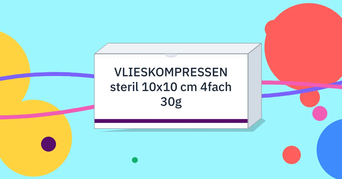 Symbolbild: Packung mit der Aufschrift VLIESKOMPRESSEN steril 10x10 cm 4fach 30g (PZN 03036903) – Verfügbarkeit und Bezug in Apotheken in Frankfurt am Main