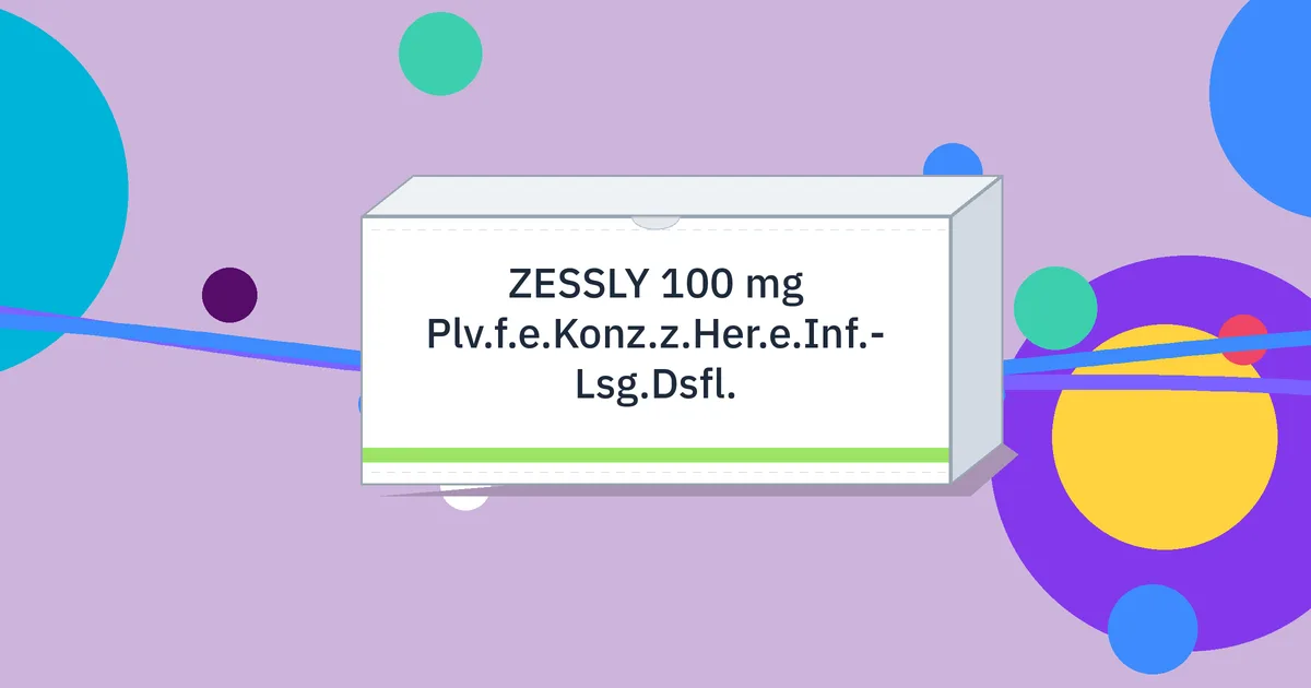 Symbolbild: Packung mit der Aufschrift ZESSLY 100 mg Plv.f.e.Konz.z.Her.e.Inf.-Lsg.Dsfl. (PZN 15889634) – Verfügbarkeit und Bezug in Apotheken in Frankfurt am Main