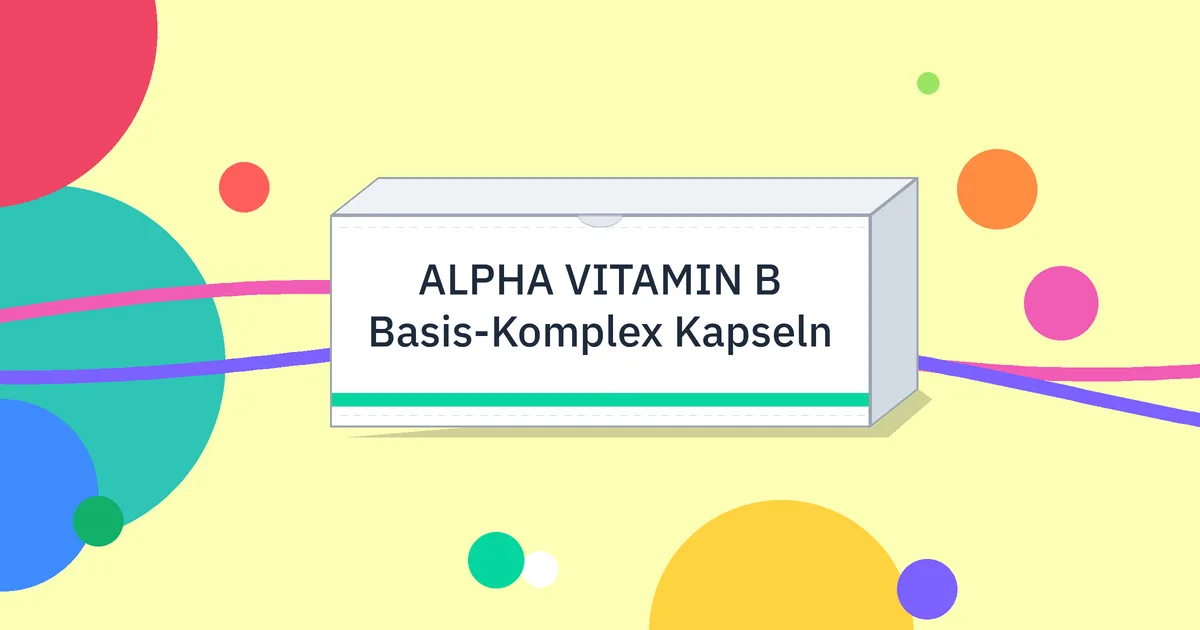 Symbolbild: Packung mit der Aufschrift ALPHA VITAMIN B Basis-Komplex Kapseln (PZN 20097326) – Verfügbarkeit und Bezug in Apotheken in Frankfurt am Main