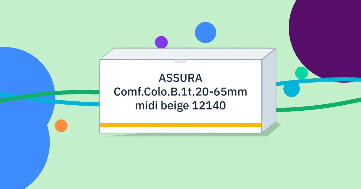 Symbolbild: Packung mit der Aufschrift ASSURA Comf.Colo.B.1t.20-65mm midi beige 12140 (PZN 08997837) – Verfügbarkeit und Bezug in Apotheken in Frankfurt am Main