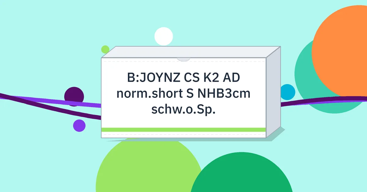 Symbolbild: Packung mit der Aufschrift B:JOYNZ CS K2 AD norm.short S NHB3cm schw.o.Sp. (PZN 20527347) – Verfügbarkeit und Bezug in Apotheken in Frankfurt am Main