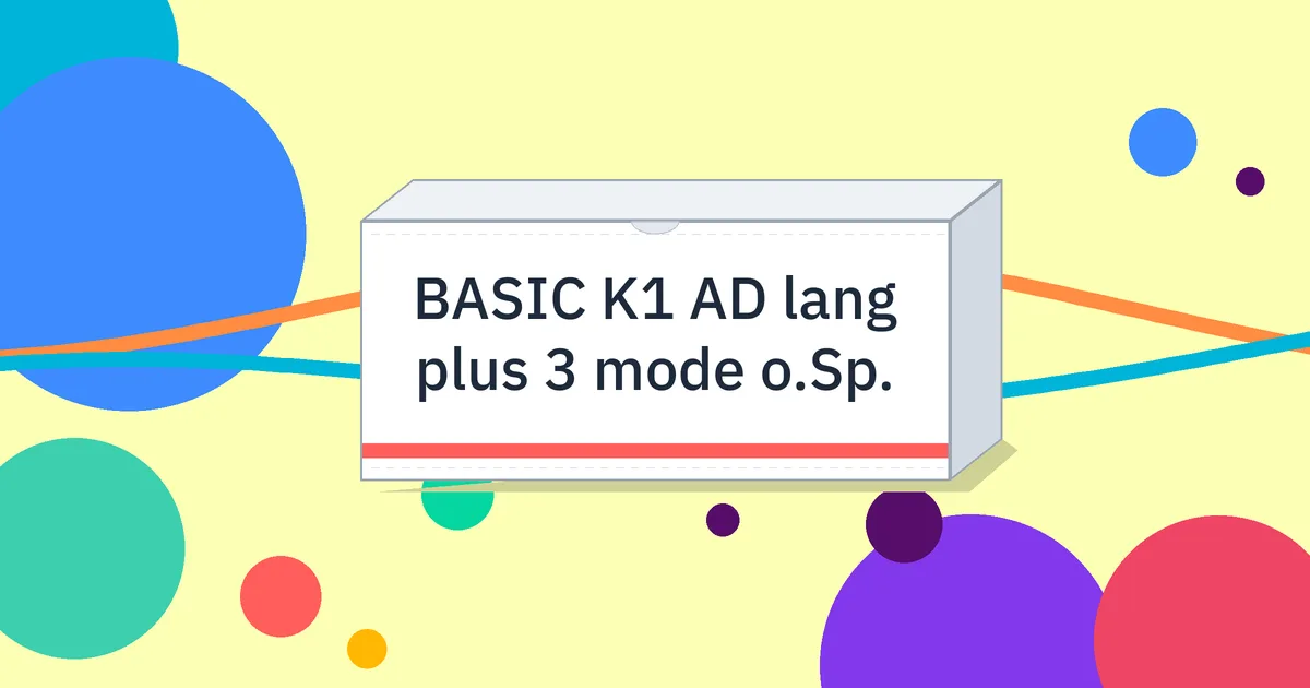 Symbolbild: Packung mit der Aufschrift BASIC K1 AD lang plus 3 mode o.Sp. (PZN 20258077) – Verfügbarkeit und Bezug in Apotheken in Frankfurt am Main