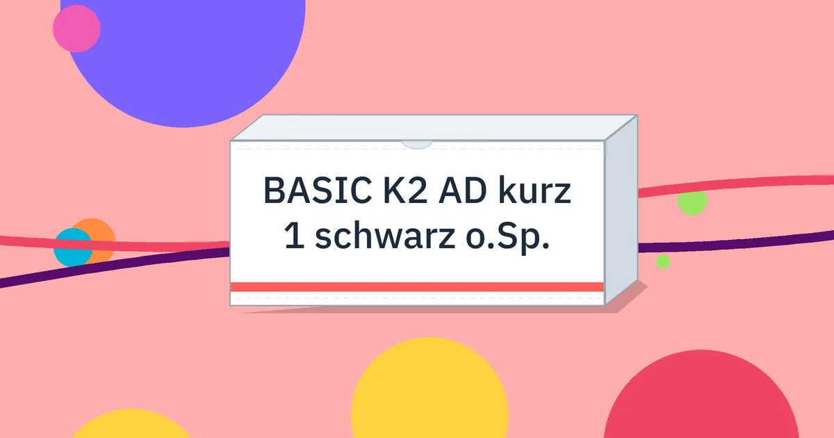 Symbolbild: Packung mit der Aufschrift BASIC K2 AD kurz 1 schwarz o.Sp. (PZN 20263411) – Verfügbarkeit und Bezug in Apotheken in Frankfurt am Main