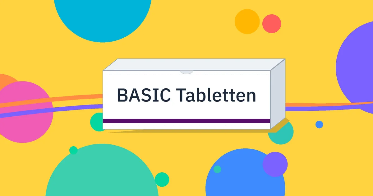 Symbolbild: Packung mit der Aufschrift BASIC Tabletten (PZN 19508557) – Verfügbarkeit und Bezug in Apotheken in Frankfurt am Main