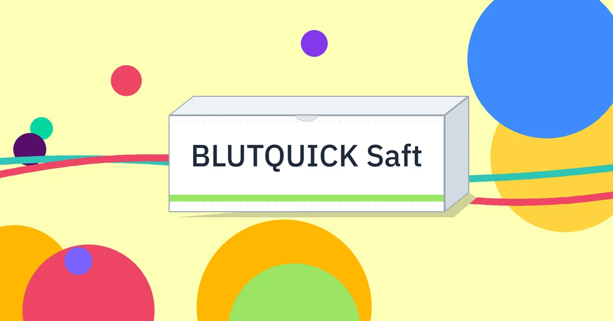 Symbolbild: Packung mit der Aufschrift BLUTQUICK Saft (PZN 10534671) – Verfügbarkeit und Bezug in Apotheken in Frankfurt am Main