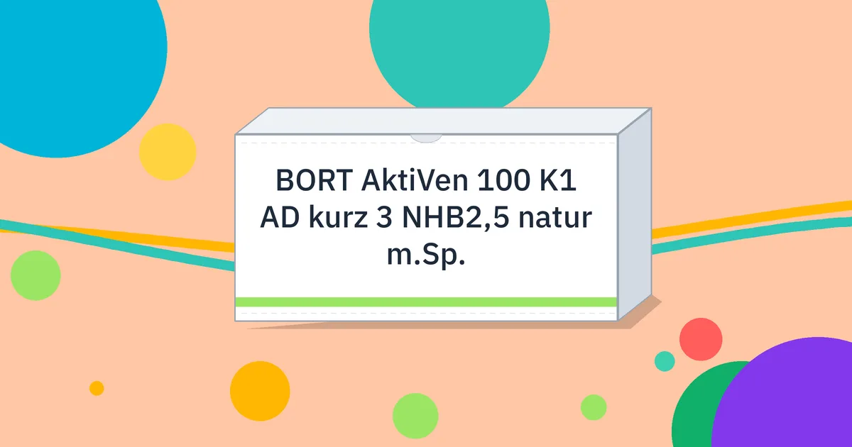 Symbolbild: Packung mit der Aufschrift BORT AktiVen 100 K1 AD kurz 3 NHB2,5 natur m.Sp. (PZN 17498493) – Verfügbarkeit und Bezug in Apotheken in Frankfurt am Main