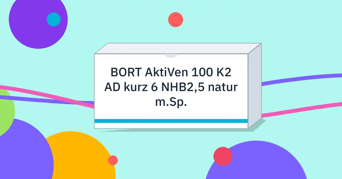 Symbolbild: Packung mit der Aufschrift BORT AktiVen 100 K2 AD kurz 6 NHB2,5 natur m.Sp. (PZN 17498889) – Verfügbarkeit und Bezug in Apotheken in Frankfurt am Main