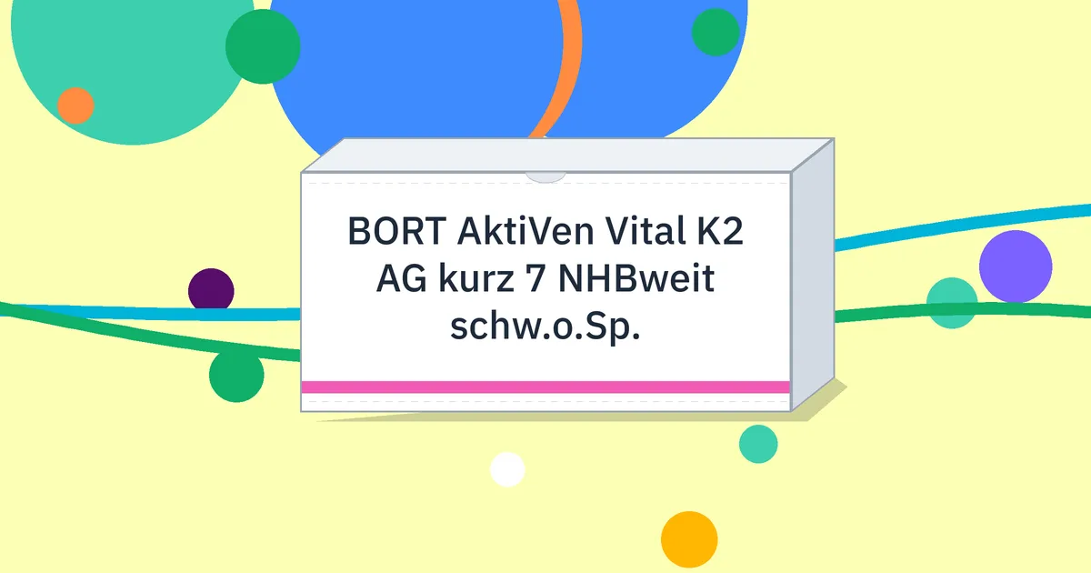 Symbolbild: Packung mit der Aufschrift BORT AktiVen Vital K2 AG kurz 7 NHBweit schw.o.Sp. (PZN 12384968) – Verfügbarkeit und Bezug in Apotheken in Frankfurt am Main