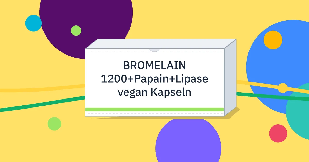 Symbolbild: Packung mit der Aufschrift BROMELAIN 1200+Papain+Lipase vegan Kapseln (PZN 19924764) – Verfügbarkeit und Bezug in Apotheken in Frankfurt am Main