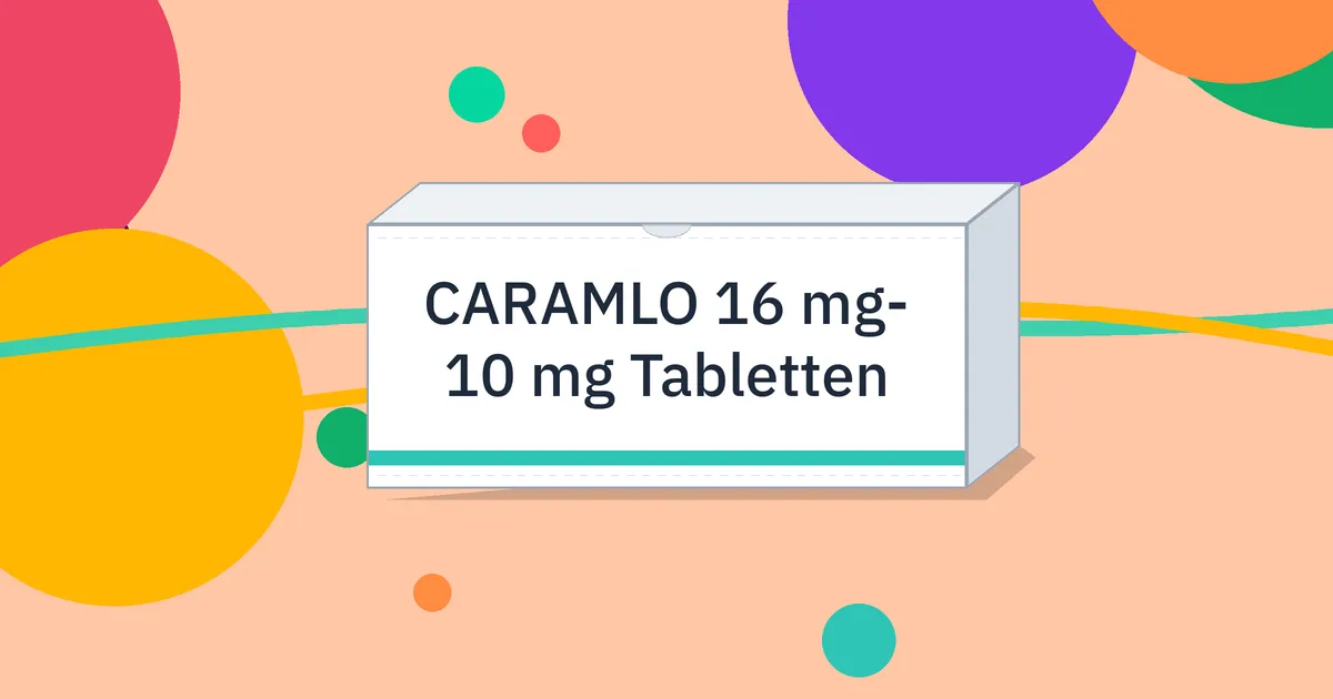 Symbolbild: Packung mit der Aufschrift CARAMLO 16 mg-10 mg Tabletten (PZN 16037761) – Verfügbarkeit und Bezug in Apotheken in Frankfurt am Main